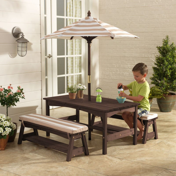 Kids Outdoor Table & Bench Set | Oatmeal & White Stripes | Kidkraft